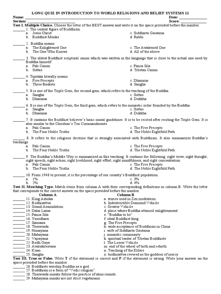 Long Quiz | PDF | Gautama Buddha | Noble Eightfold Path