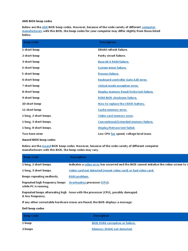 BIOS Beep Codes | Download Free PDF | Bios | Random Access Memory