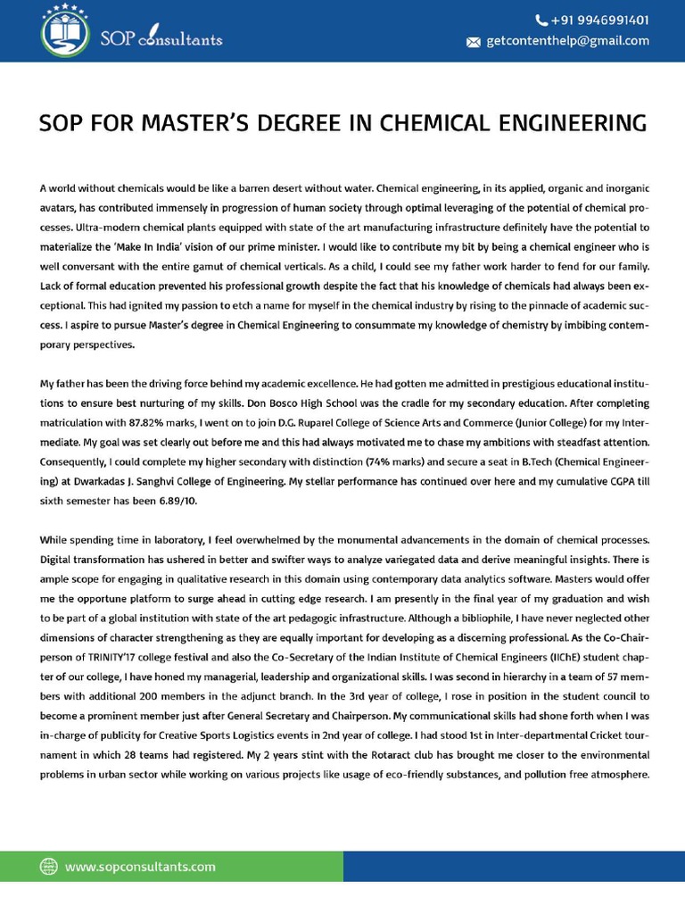 SOP For Masters Degree in Chemical Engineering | PDF