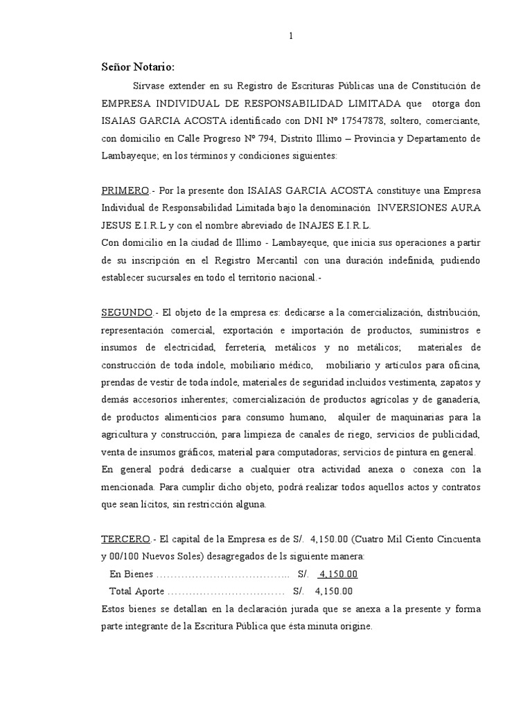 Modelo de Minuta E.I.R.L | PDF | Business | Contabilidad