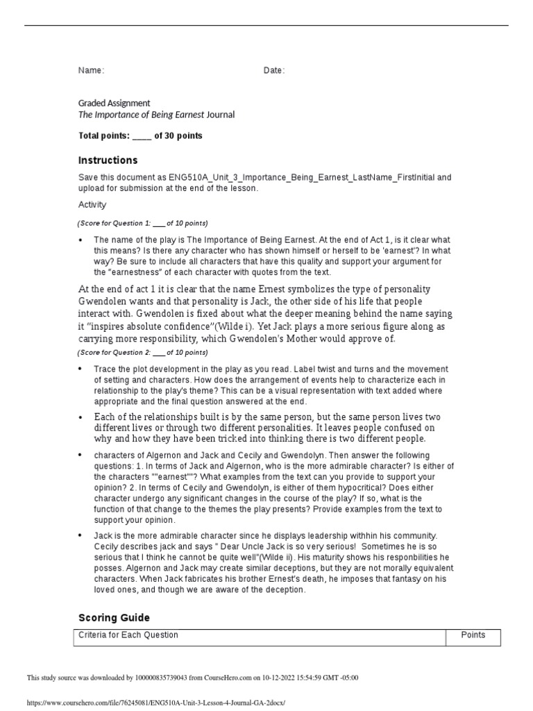 ENG510A Unit 3 Lesson 4 Journal GA 2 | PDF | The Importance Of Being Earnest