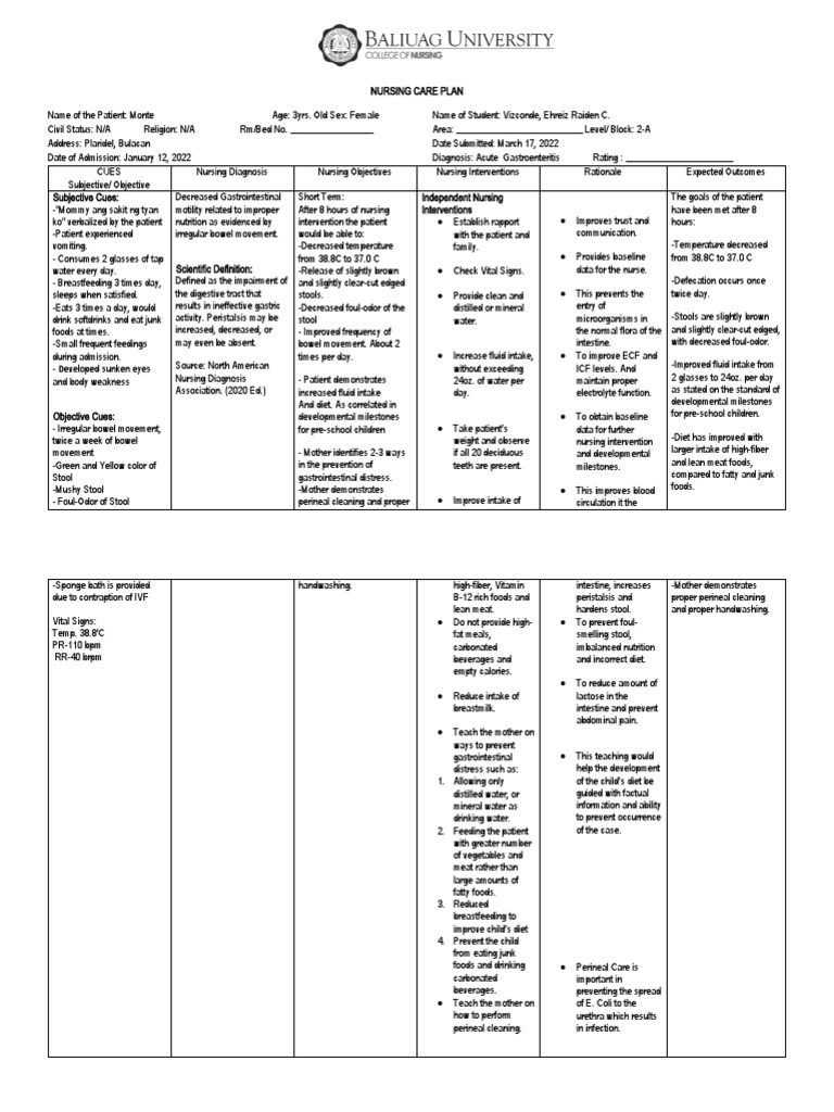 NCP (Acute Gastroenteritis) Vizconde, Ehreiz Raiden C. BSN2-A | PDF ...