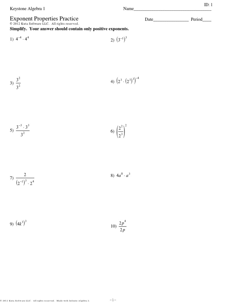 Keystone Algebra 1 Simplifying Exponential Expressions WS2 | PDF ...