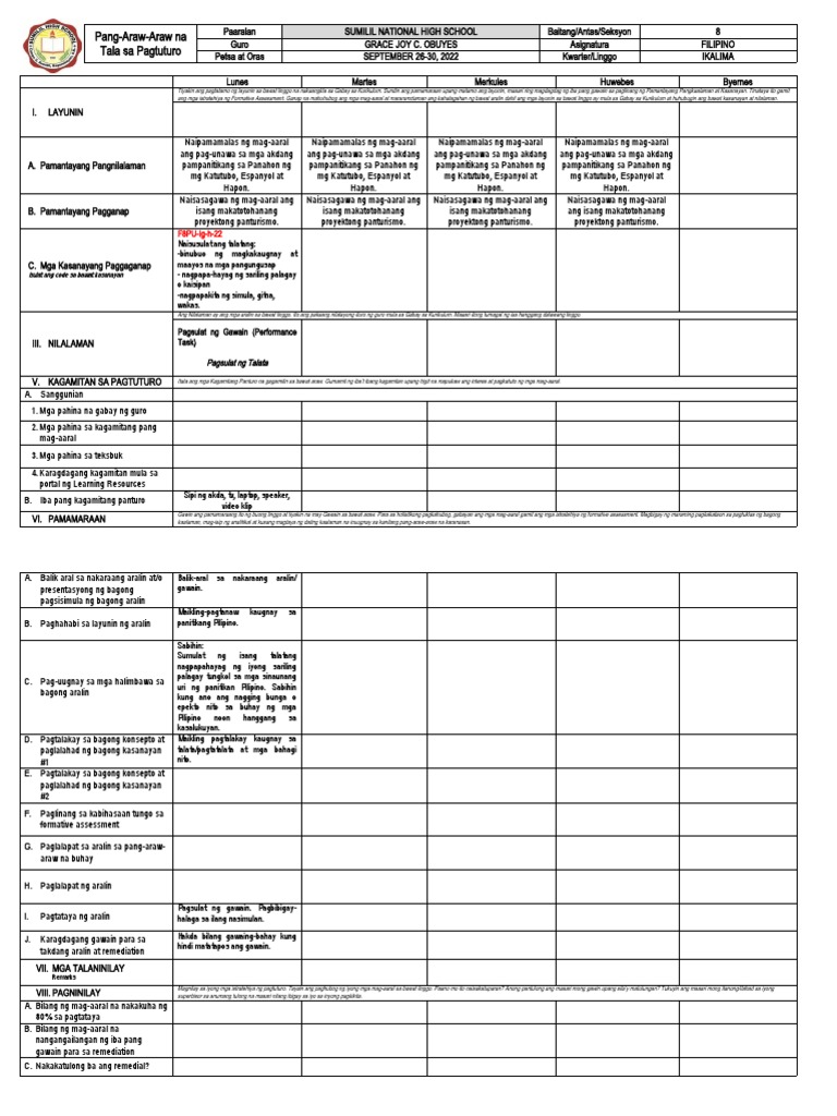 Filipino 8 - DLL Week 5 | PDF