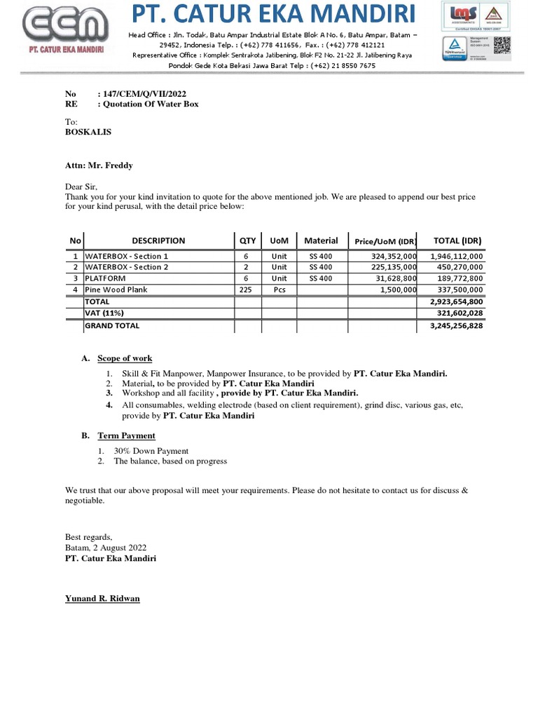 Quotation of Water Box 1 | PDF