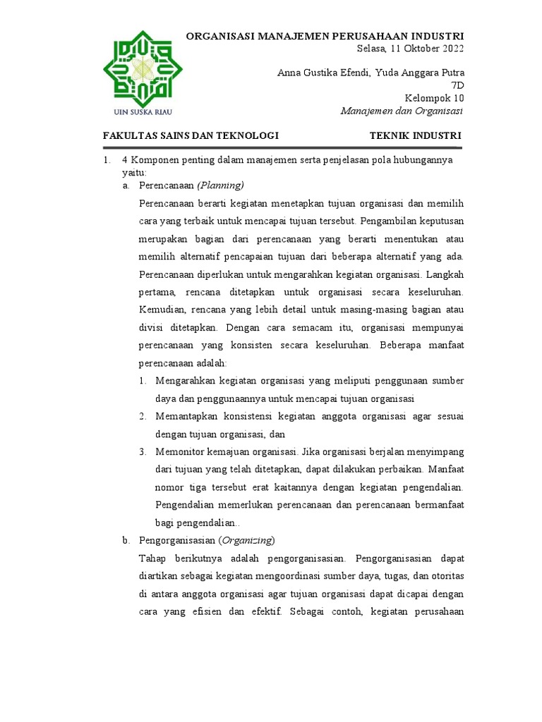 Tugas 1 - Manajemen Dan Organisasi - Kel 10 - OMPI 7D | PDF