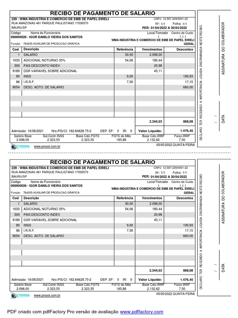 Holerite - SALARIO ABRIL | PDF | Salário | Comportamento organizacional