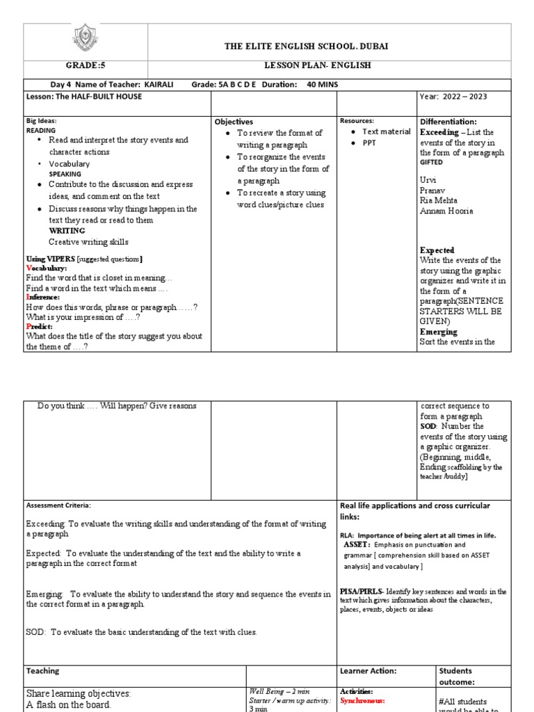 Grade 5 English Lesson Plan: Half-Built House | PDF | Reading ...