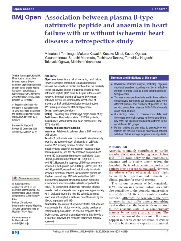 Association Between Plasma BNP and Anemia in HF | PDF | Ejection Fraction | Regression Analysis