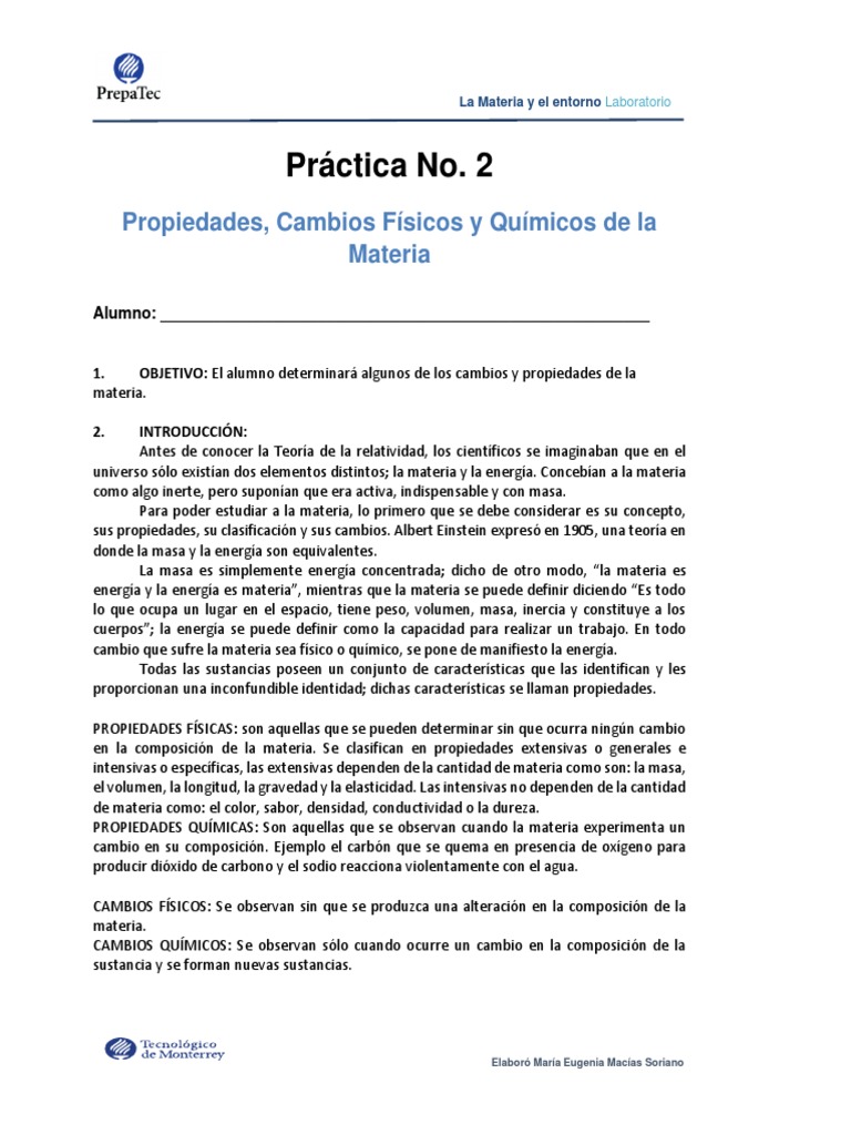 Práctica 2 Propiedades, Cambios Físicos y Químicos de La Materia ...