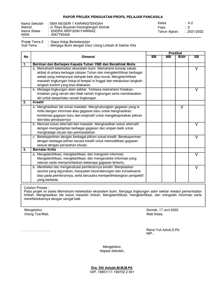 Rapor Projek Gaya Hidup Berkelanjutan | PDF