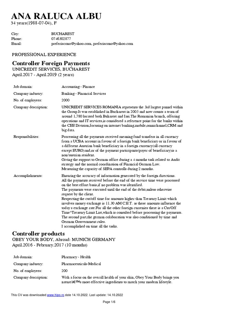 CV Albu Ana Raluca 14-10-2022 | PDF | Consultant | Banks