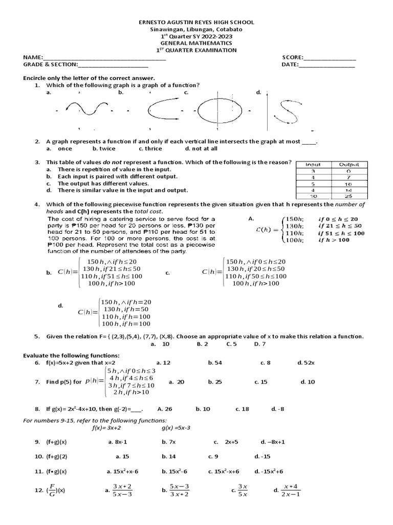 Gen. Math Long Tests 2020-2021 | PDF | Function (Mathematics) | Analysis
