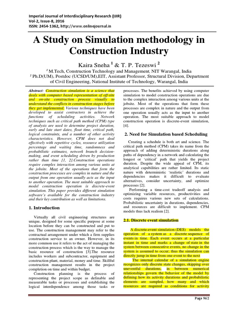 A study of simulation methodology in Construction Industry | PDF ...