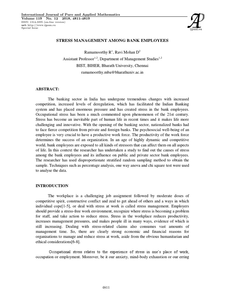 Stress Management Among Bank Employees: Abstract | PDF | Stress ...