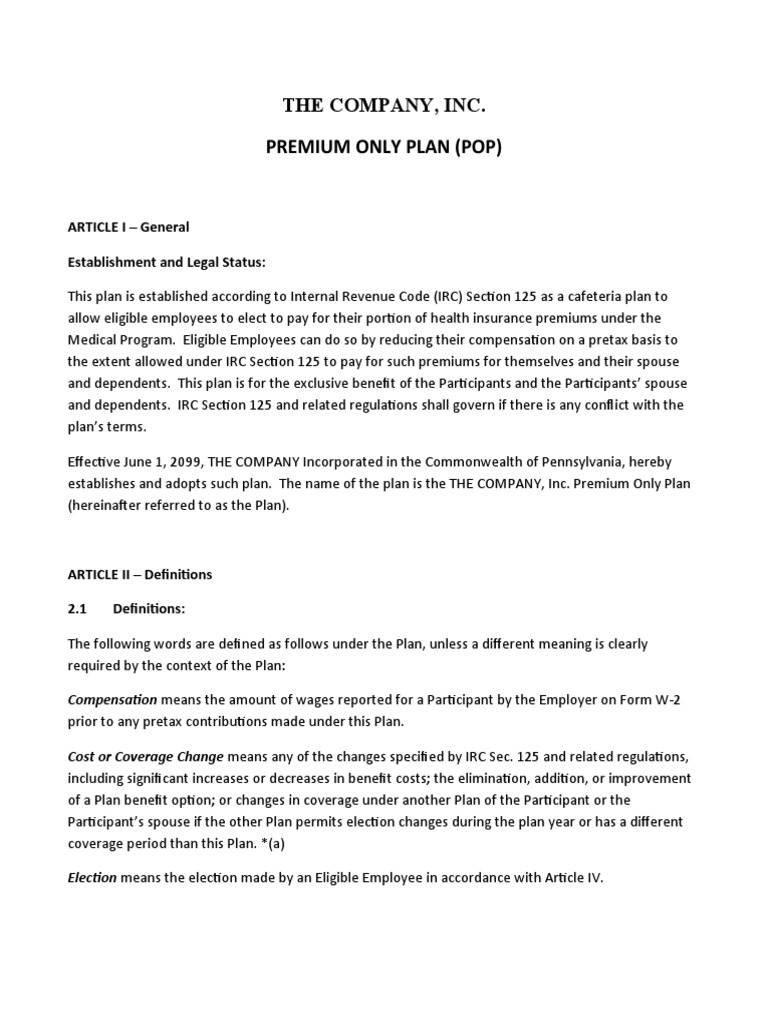 Premium Only Plan Act 125 | PDF | Payroll Tax | Employment