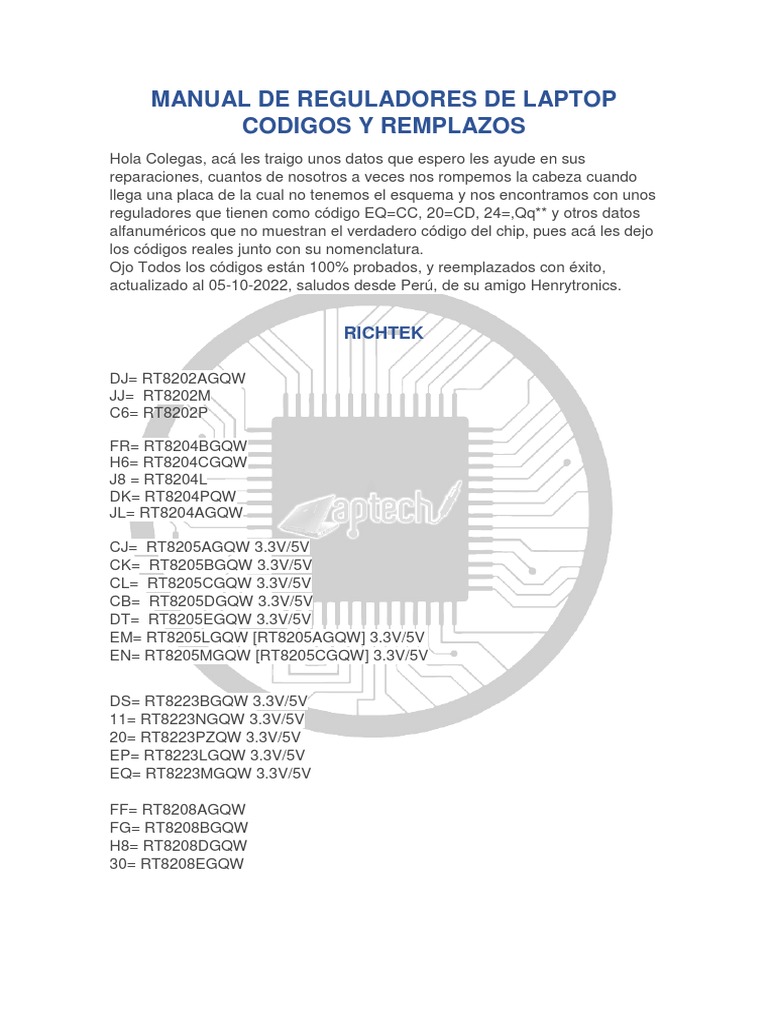 Reguladores de Laptop Codigos y Remplazos (Ic Laptop Equivalent) | PDF
