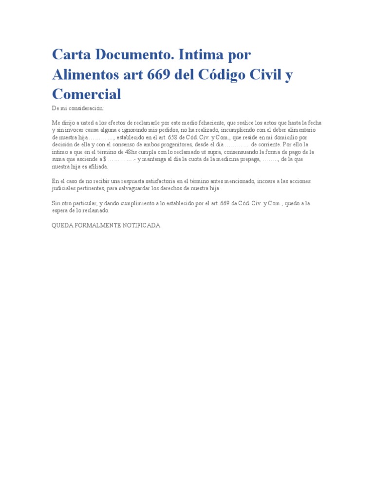 Carta Documento Alimentos 669 CC y C | PDF