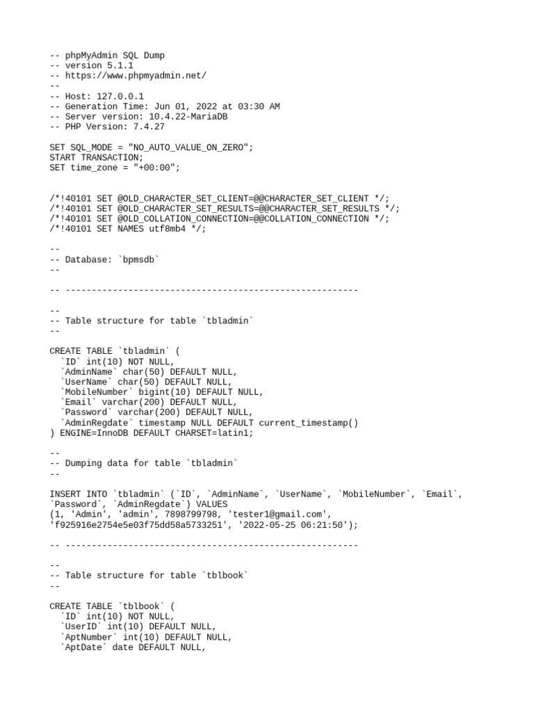 phpMyAdmin SQL Dump for BPMS Database | PDF