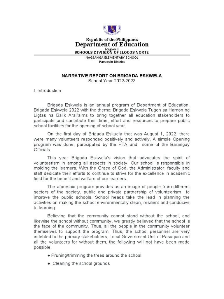Narrative Report On Brigada Eskwela 2022 | PDF | Volunteering
