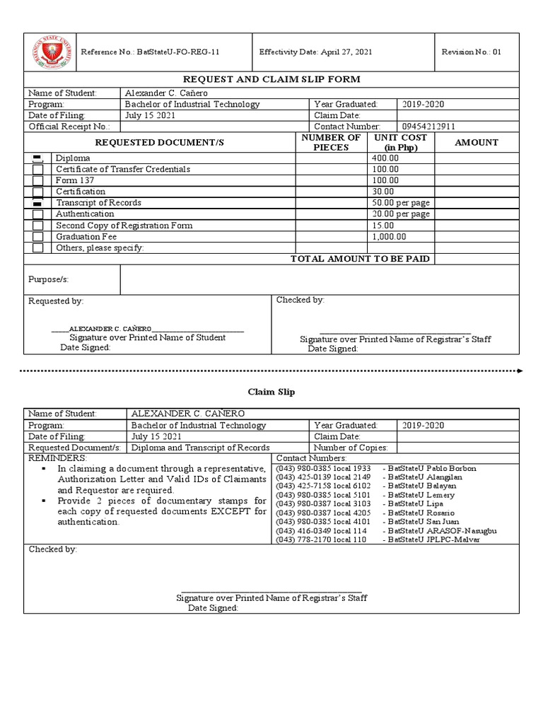 BatStateU FO REG 11 - Request and Claim Slip Form - Rev. 01 | PDF ...