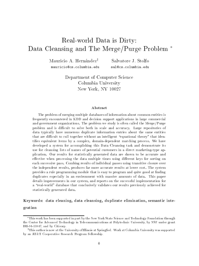 Real-World Data Is Dirty: Data Cleansing and The Merge/Purge Problem | PDF | Databases | Cluster ...