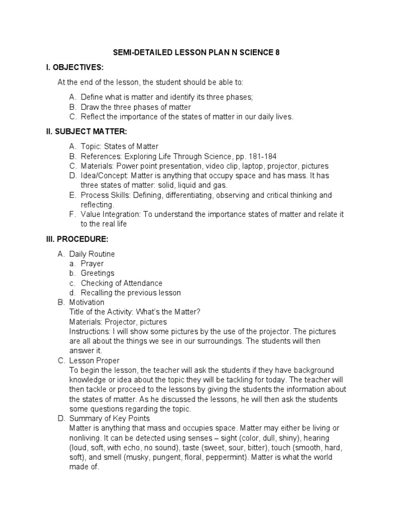 Semi Detailed Lesson Plan Matter | Download Free PDF | Matter | Lesson Plan