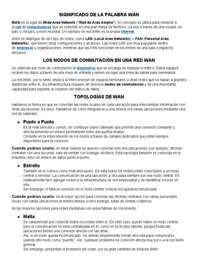 Comprensión completa de las redes WAN: tipos, topologías, ventajas y desventajas | PDF | Red de ...
