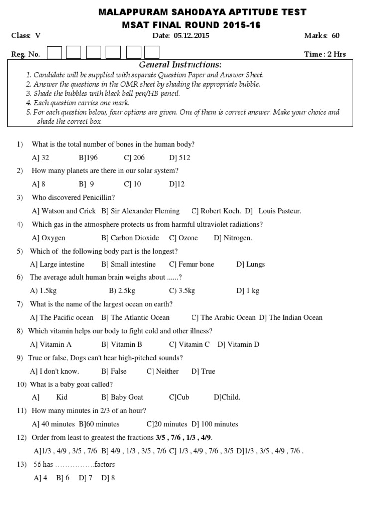 MSAT 2015-16 aptitude test answer key | PDF