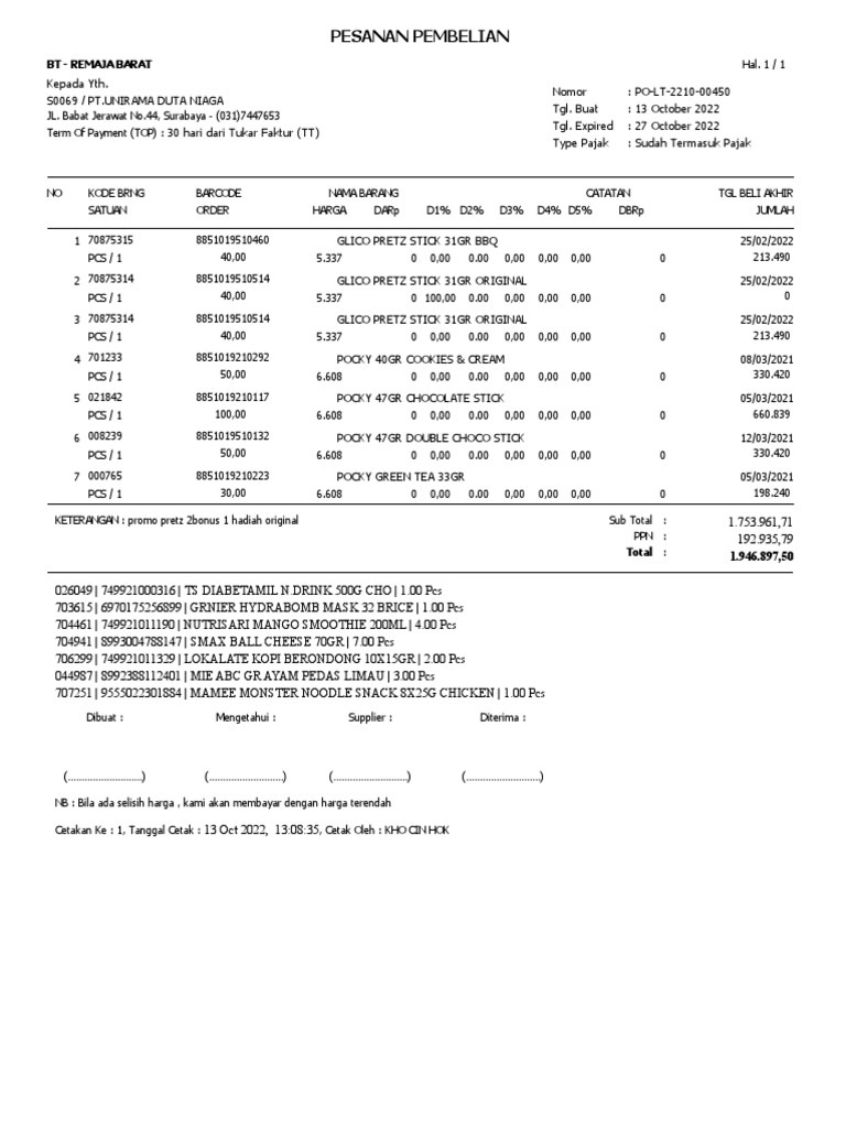 Purchase Order for Snack Products from PT. UNIRAMA DUTA NIAGA Including ...