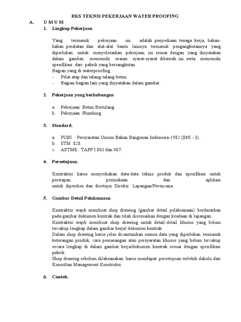 RKS Teknis Pekerjaan Water Proofing Renovasi Dak, Plafon Dan Atap Puskesmas Kalipucang 2022 | PDF