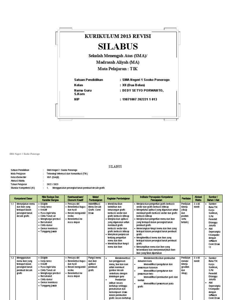 Silabus TIK Kelas XII SMA Sooko | PDF