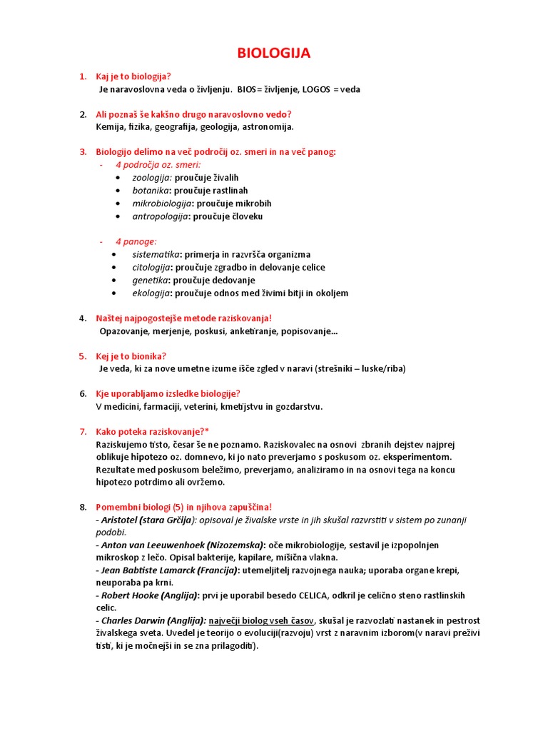 BIOLOGIJA 8 Vprasanja in Odgovori | PDF