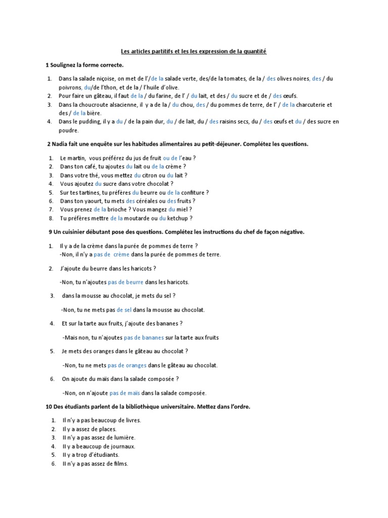 Les Articles Partitifs Et Les Les Expression de La Quantité | PDF ...