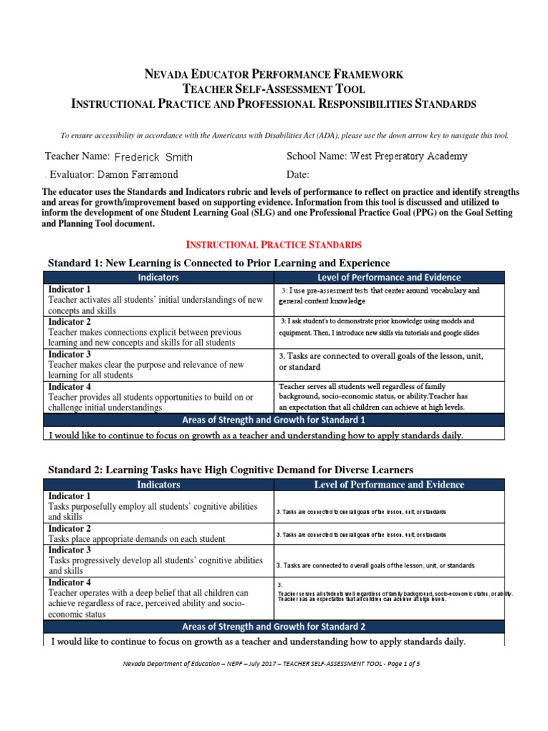 NEPF Self Assessment F - Smith | PDF | Teachers | Learning