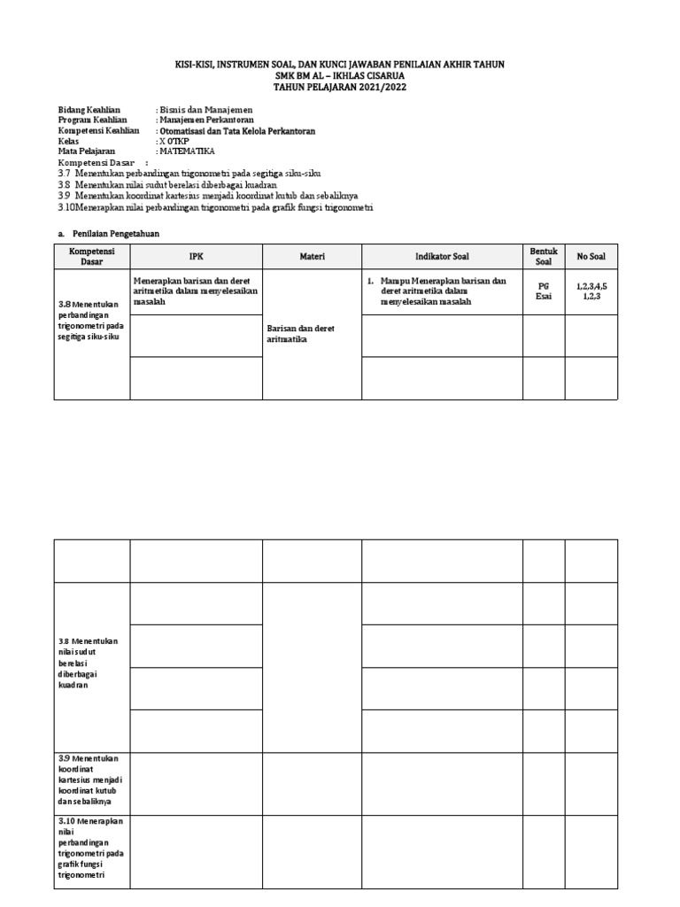Contoh Kisi-Kisi, Instrumen Soal Dan Kunci Jawaban X BDP MTK | PDF