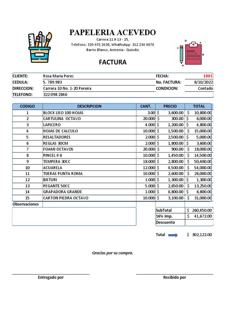 Factura de compra - Papelería Acevedo | PDF