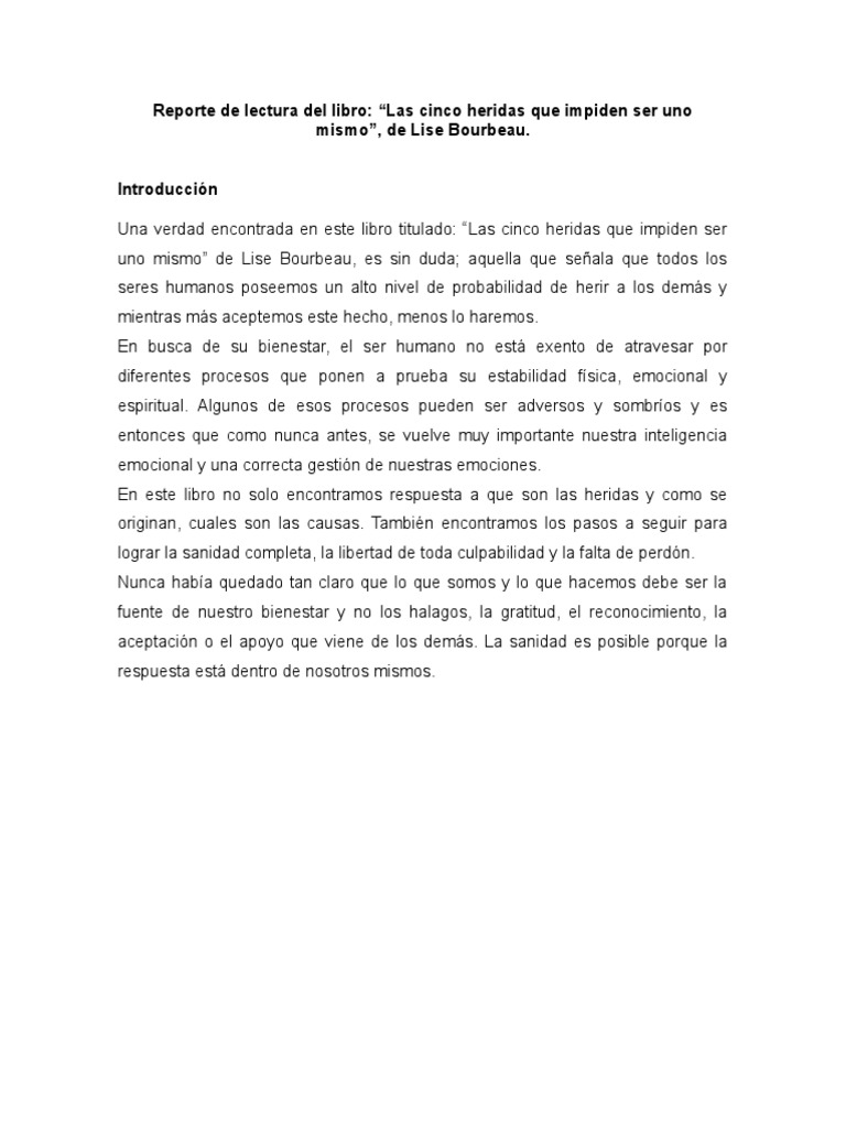 Reporte de Lectura Del Libro Las Cinco Heridas Que Impiden Ser Uno Mismo, Equipo #8 | PDF ...