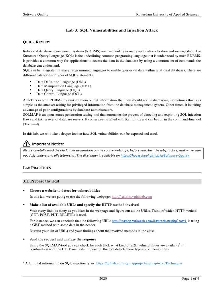 Lab 03 SQL Vulnerabilities | PDF | Databases | Sql