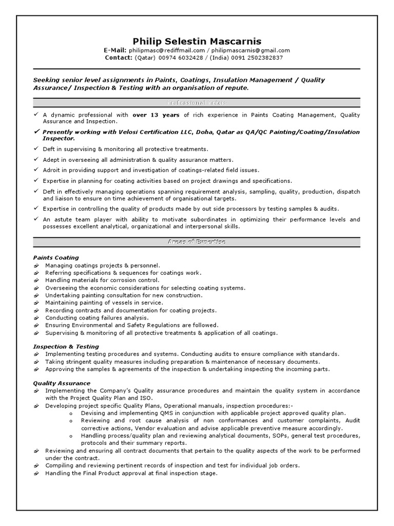 Senior Coating QC Inspector Resume | PDF | Technology & Engineering