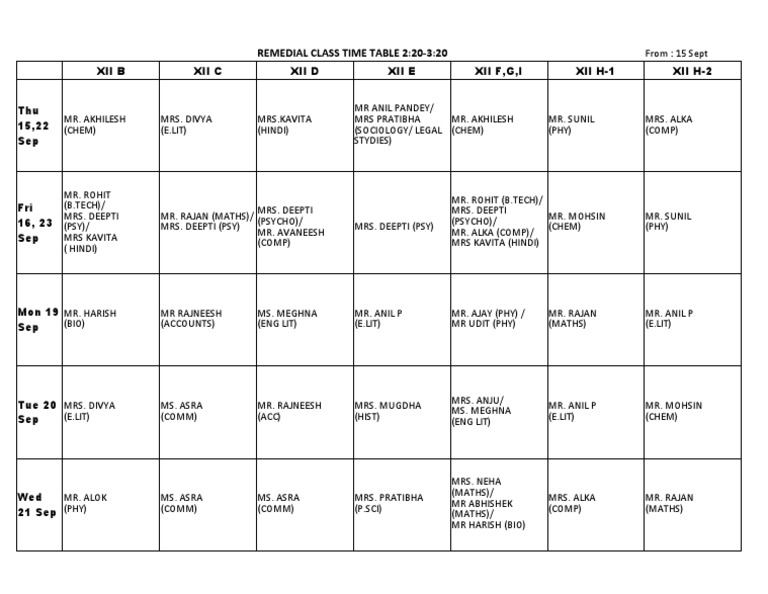 Remedial Time Table (15 Sept) | PDF