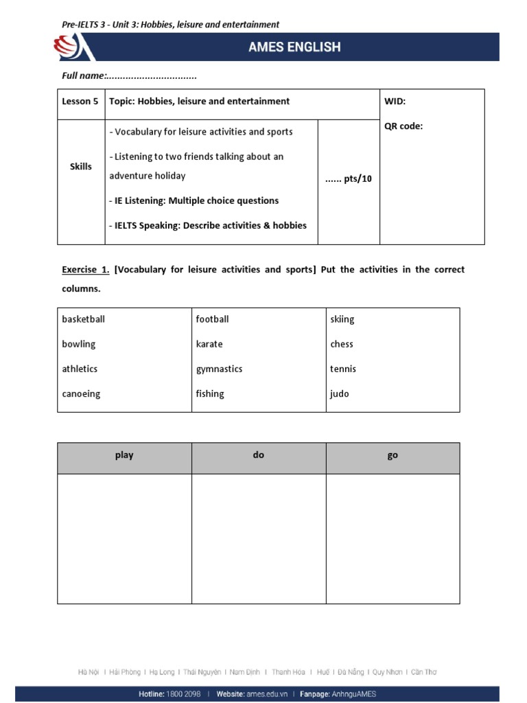 Unit 3 Lesson 5: Hobbies & Leisure Activities | PDF