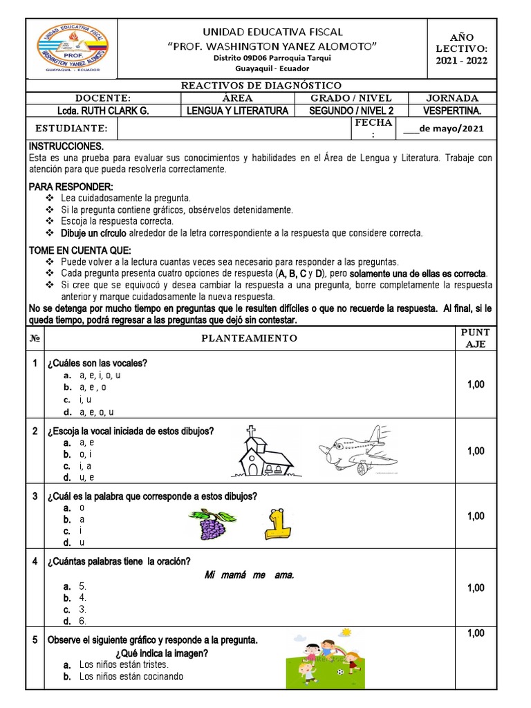 2do PRUEBAS ACTUALES DE DIAGNOSTICO (2) SEGUNDO 2021-2022 OK | PDF