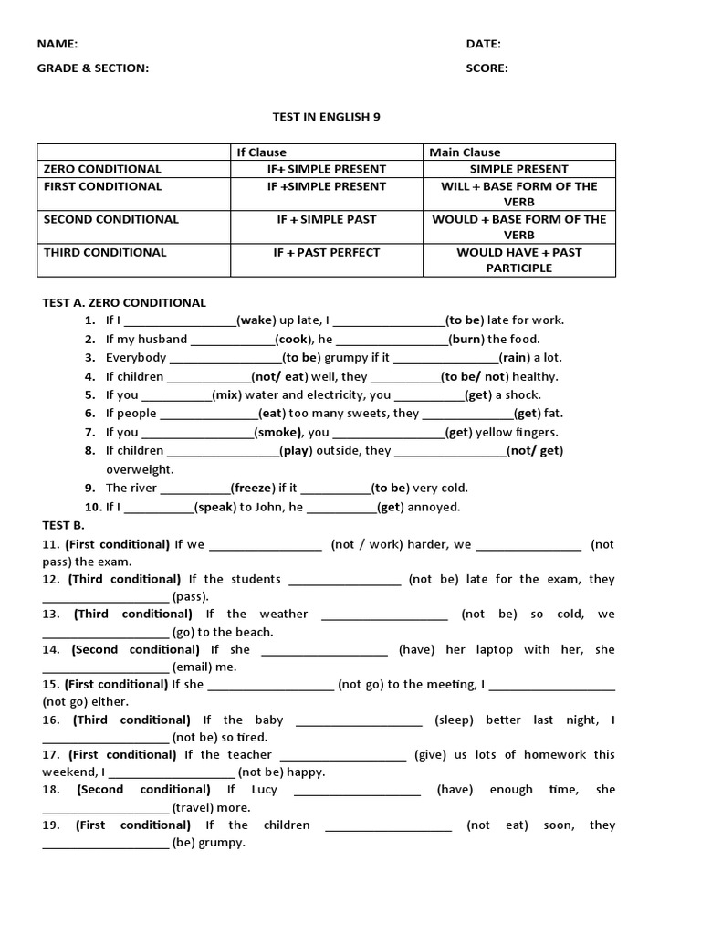 English 9 Conditional Sentences Test | PDF | Linguistic Morphology | Syntax