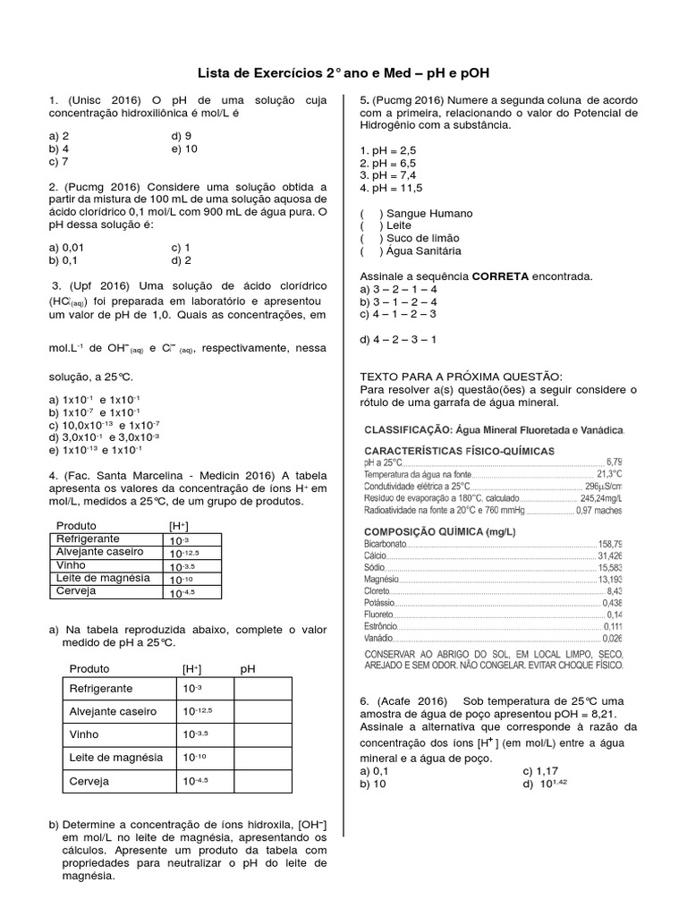 Lista de Exercício 2º Ano - Outubro | PDF | Ph | Química Analítica