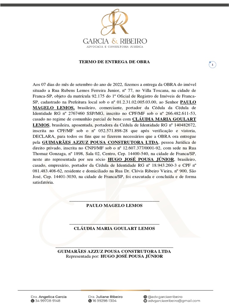 Modelo Termo de Entrega Obra | PDF | Direito