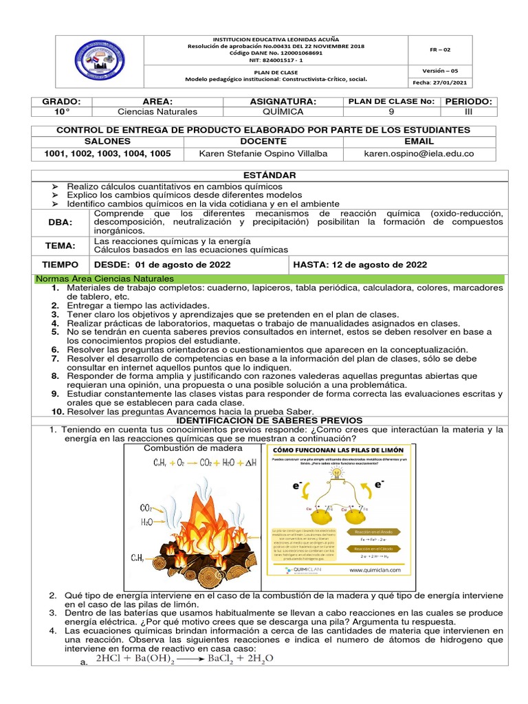 Plan De Clase 9 Química Grado 10 Pdf Redox Mole Unidad