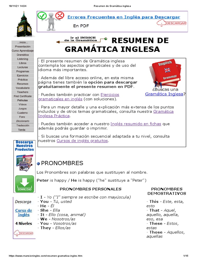 Resumen de Gramática Inglesa | PDF | Gramática inglesa | Adjetivo