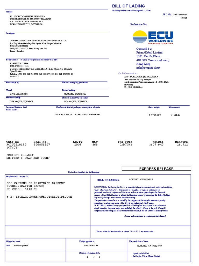 BCJKTGYE00185 | PDF | Cargo | Bill Of Lading