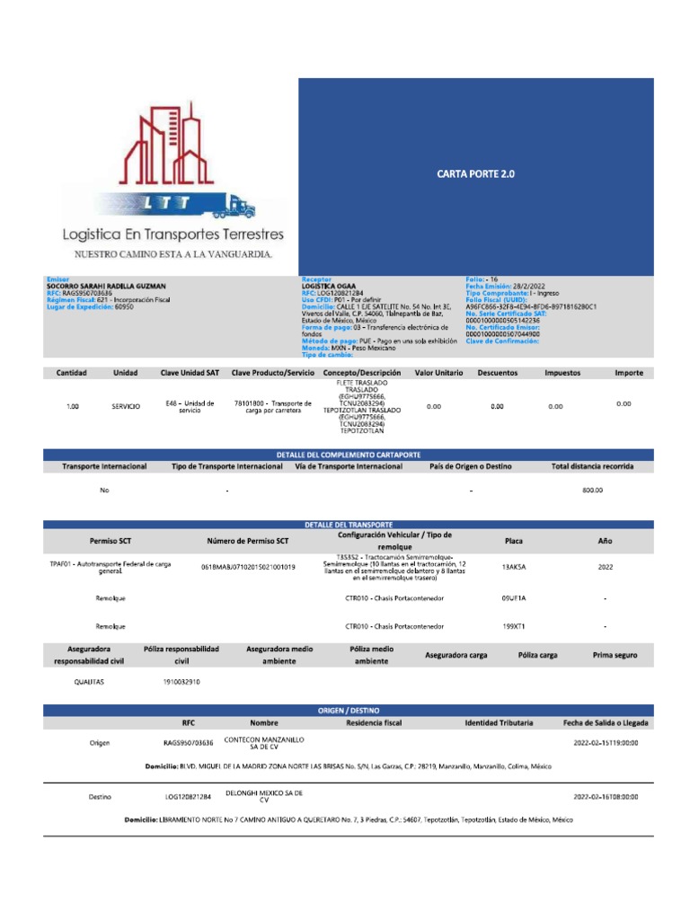 Carta Porte Timbrada. MVVJ | PDF